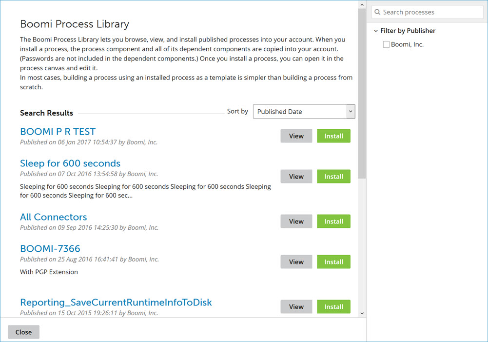 Published processes listed in the Browse Process Library dialog