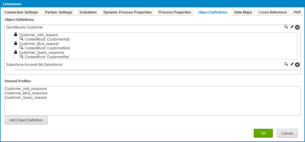 Extensions dialog, Object Definitions tab.
