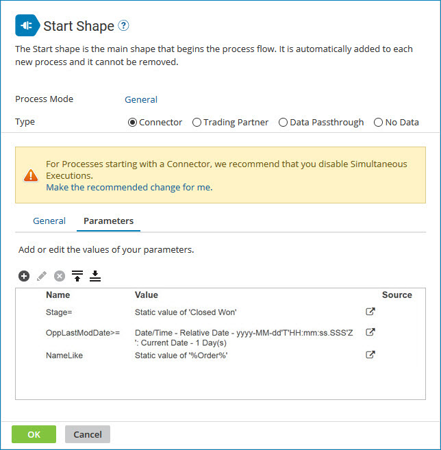 Start step dialog, Connector option showing parameter definitions