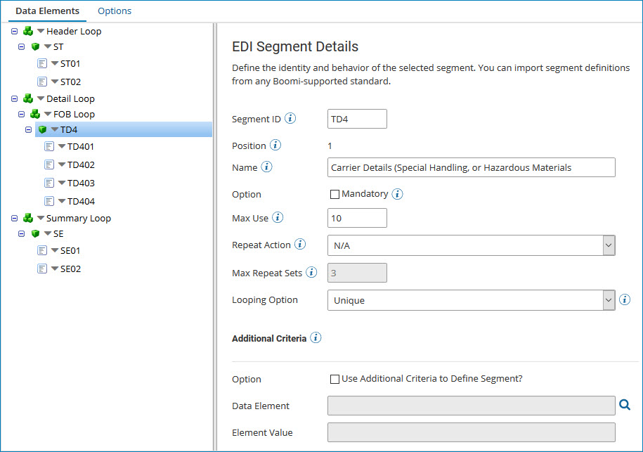 EDI profile's Data Elements tab.