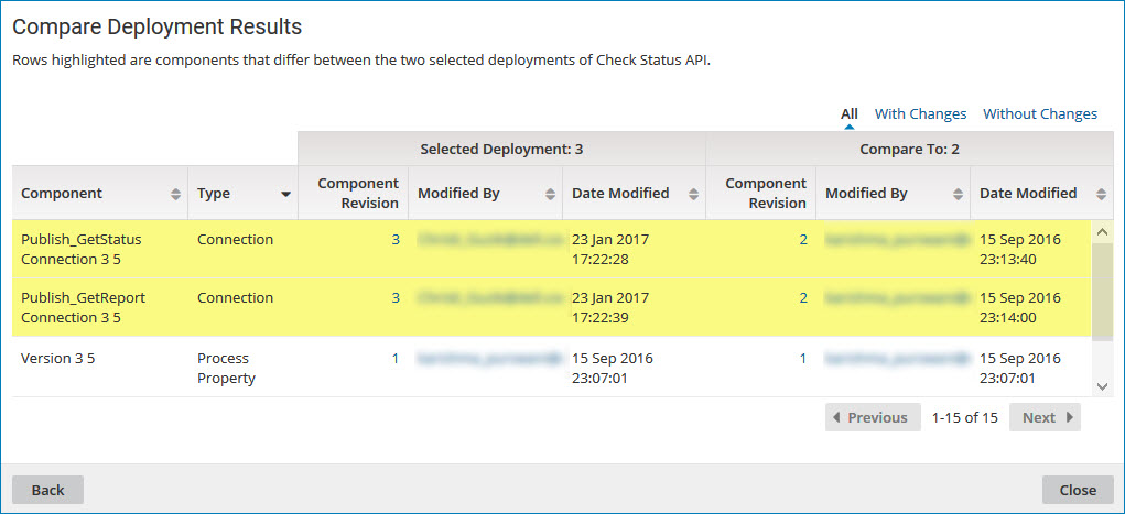 Compare Deployment Results dialog.