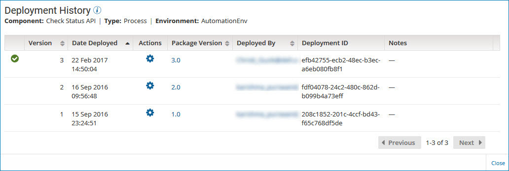 Deployment History dialog shows details for a deployed process.