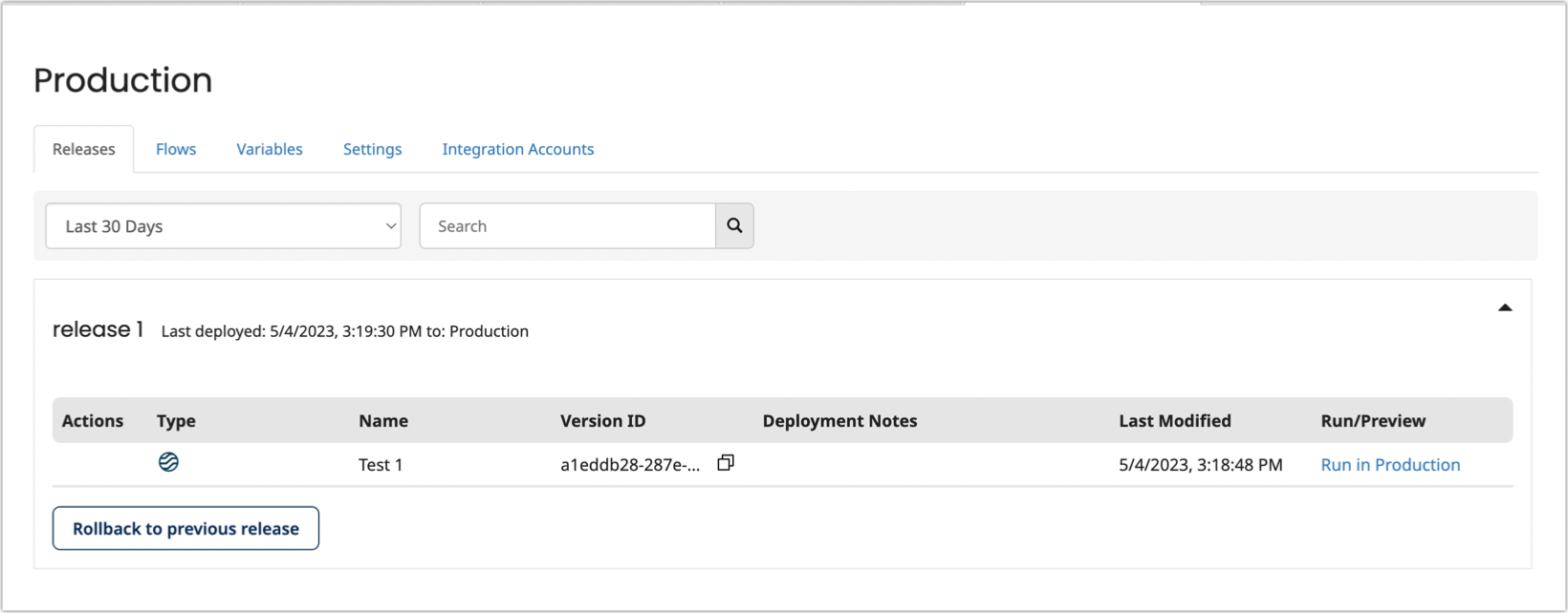 Each individual environment tab page allows you to manage your environment releases, variables ...