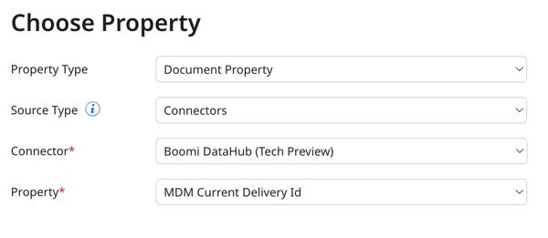 Shows Property Type set to Document Property, Source Type set to Connectors, Connector set to ...