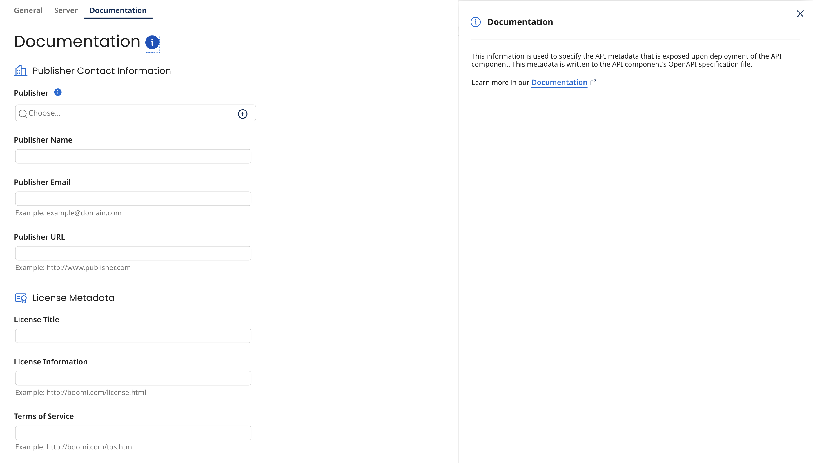 To learn more about a field on the API Proxy Configuration - Documentation tab, click the (i ...